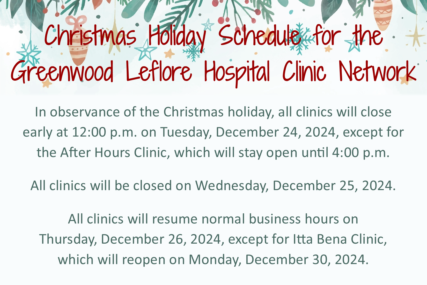 Christmas Holiday Schedule 2024 – Greenwood Leflore Hospital